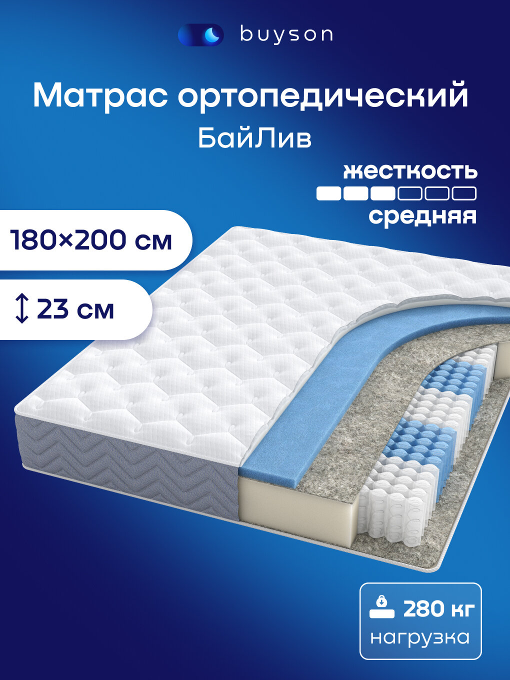 Ортопедический матрас buyson БайЛив, 180х200 см, независимые пружины, зональный