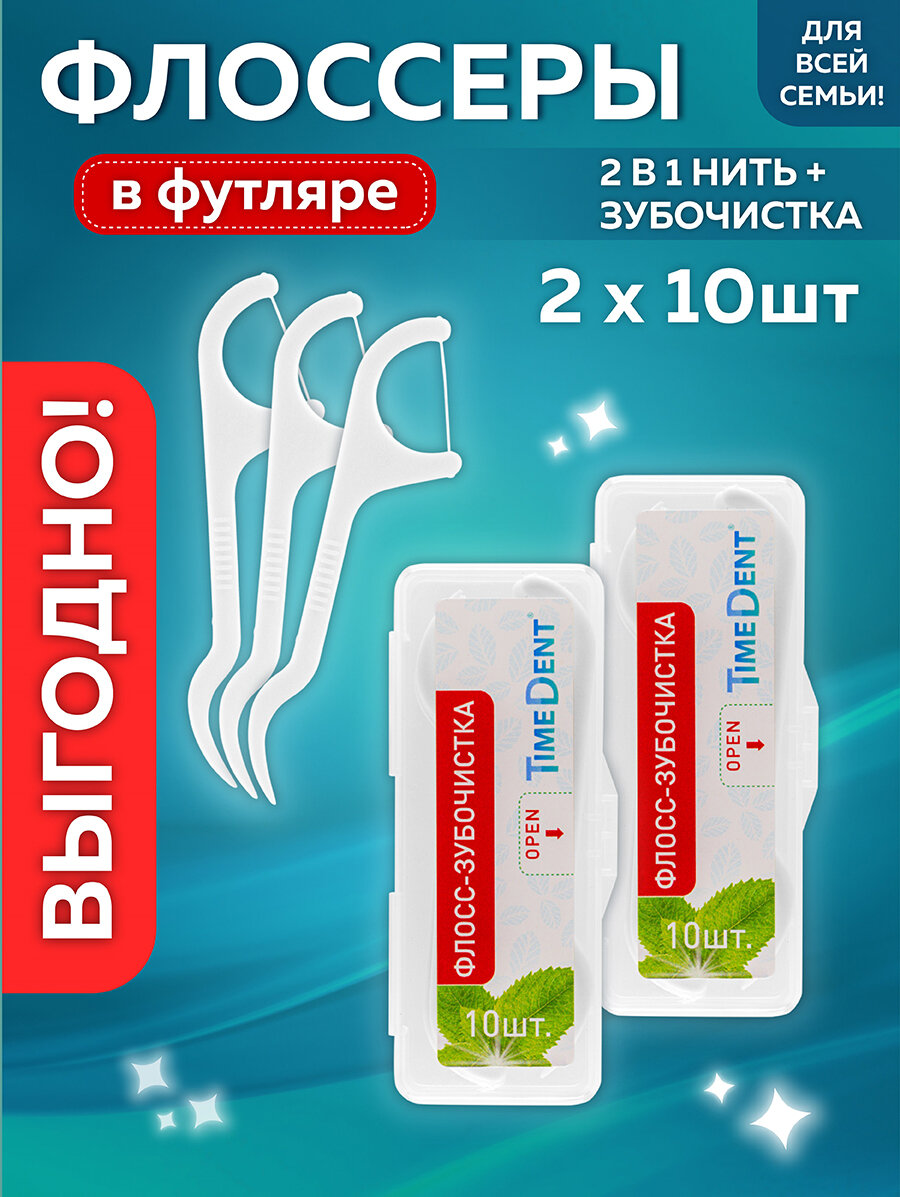 Зубная нить с зубочисткой. Флоссеры. Зубочистки с нитью. 2*10 шт.
