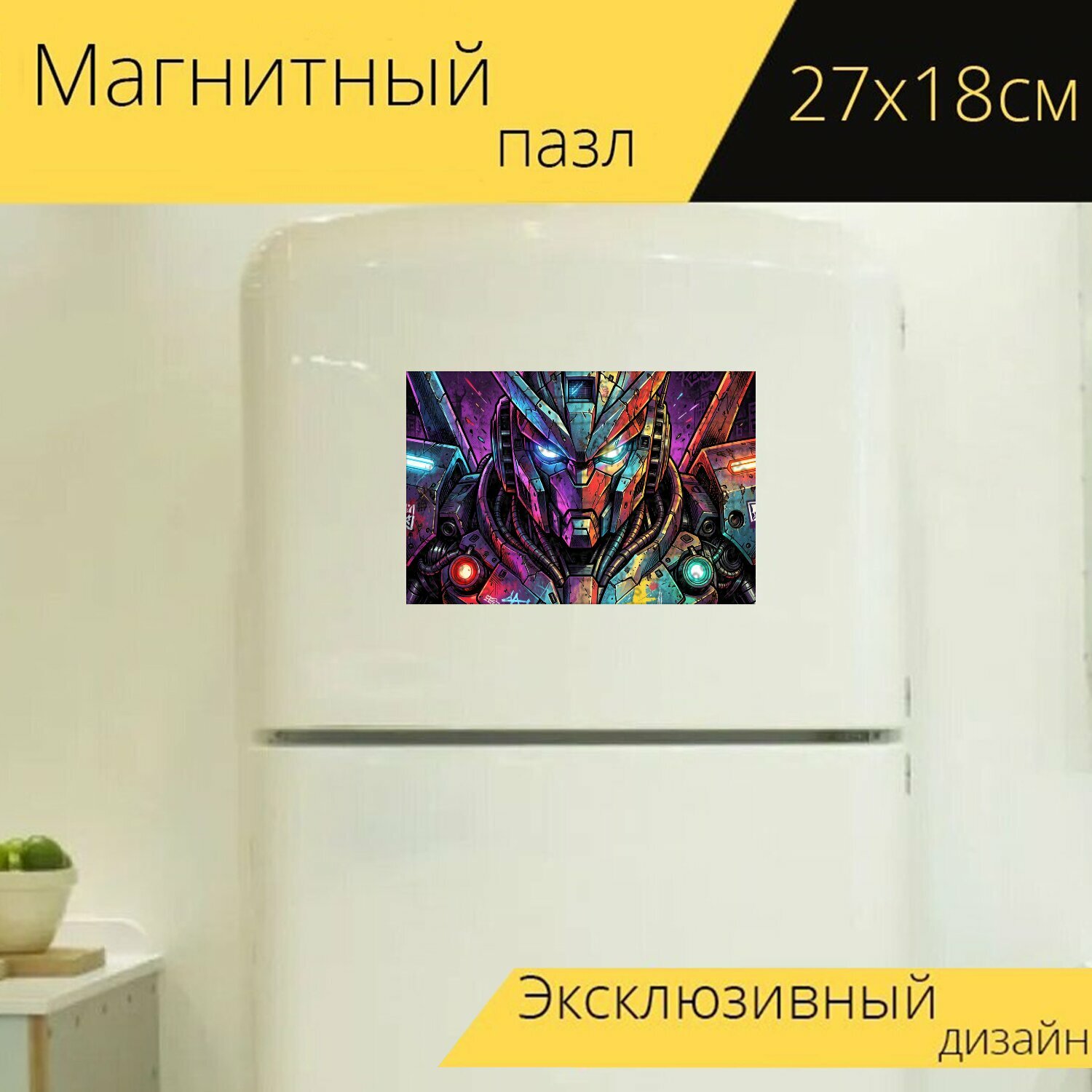 Магнитный пазл "Неоновый робот в стиле киберпанк. Футуристический меха-воин с острым шлемом и светящимися глазами, граффити-стиль, яркие неоновые оттенки." на холодильник 27 x 18 см.
