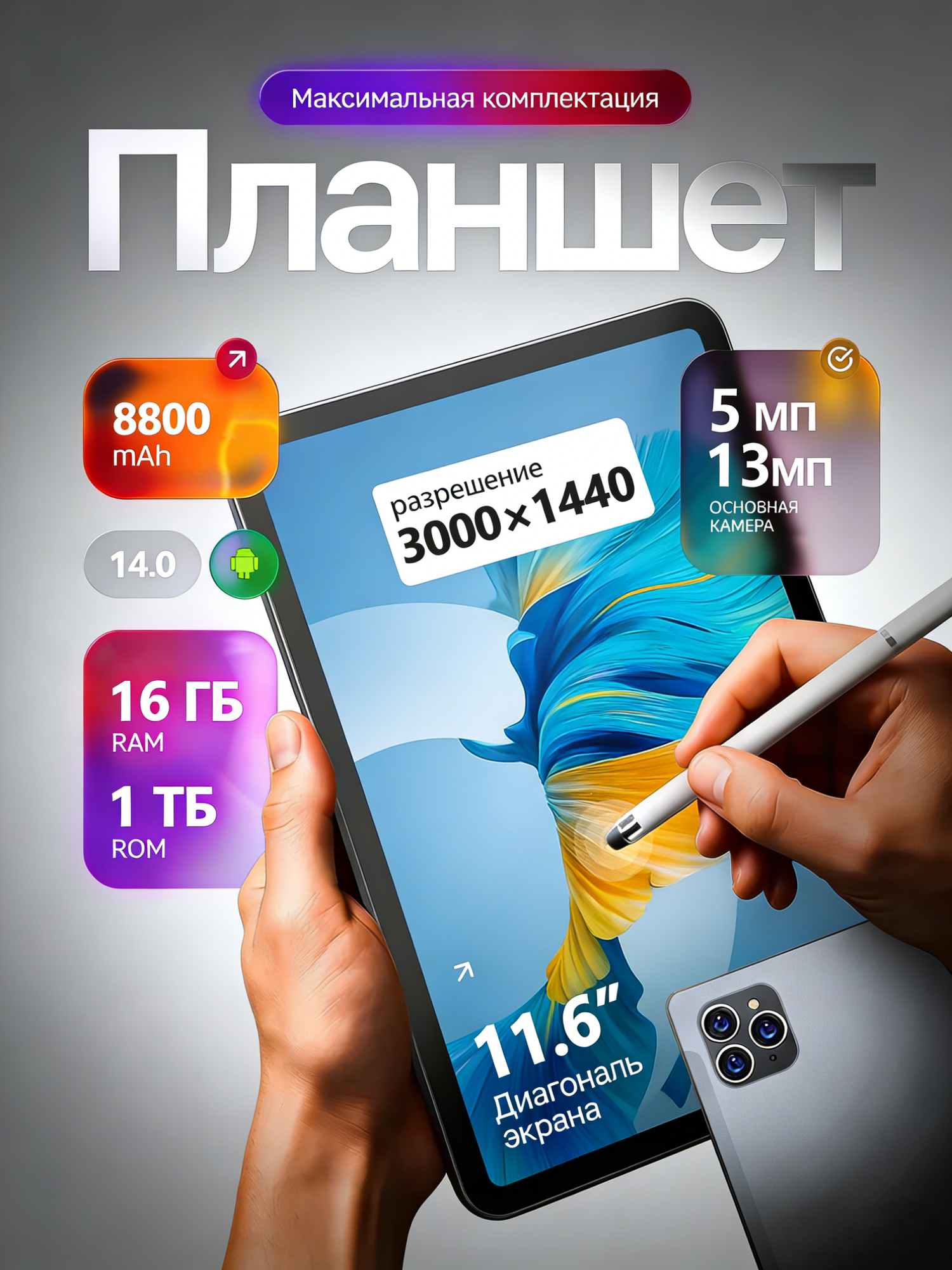 Планшет ADVEPRO "Pad16pro", 16ГБ/1ТБ, IPS-экран 11.6", Android 14 — Мощный планшет для работы и игр