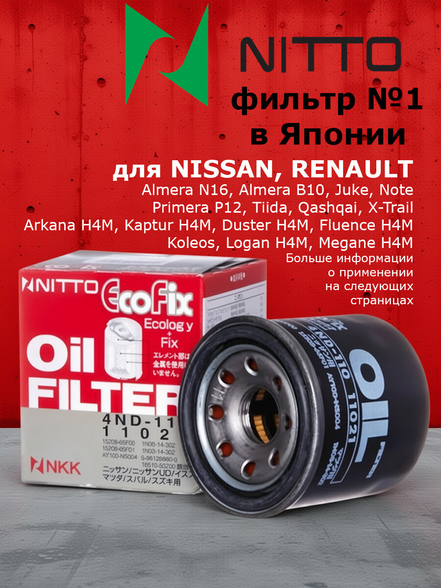 Фильтр масляный для Ниссан Nissan; Рено Renault: Qashqai; XTrail; Primera P12; Almera Classic; N16; Juke F15; Tiida C11/C13; Kaptur; Arkana; двиг: H4M, HR, MR20, QG, QR, Nitto (Япония) арт.-4ND110