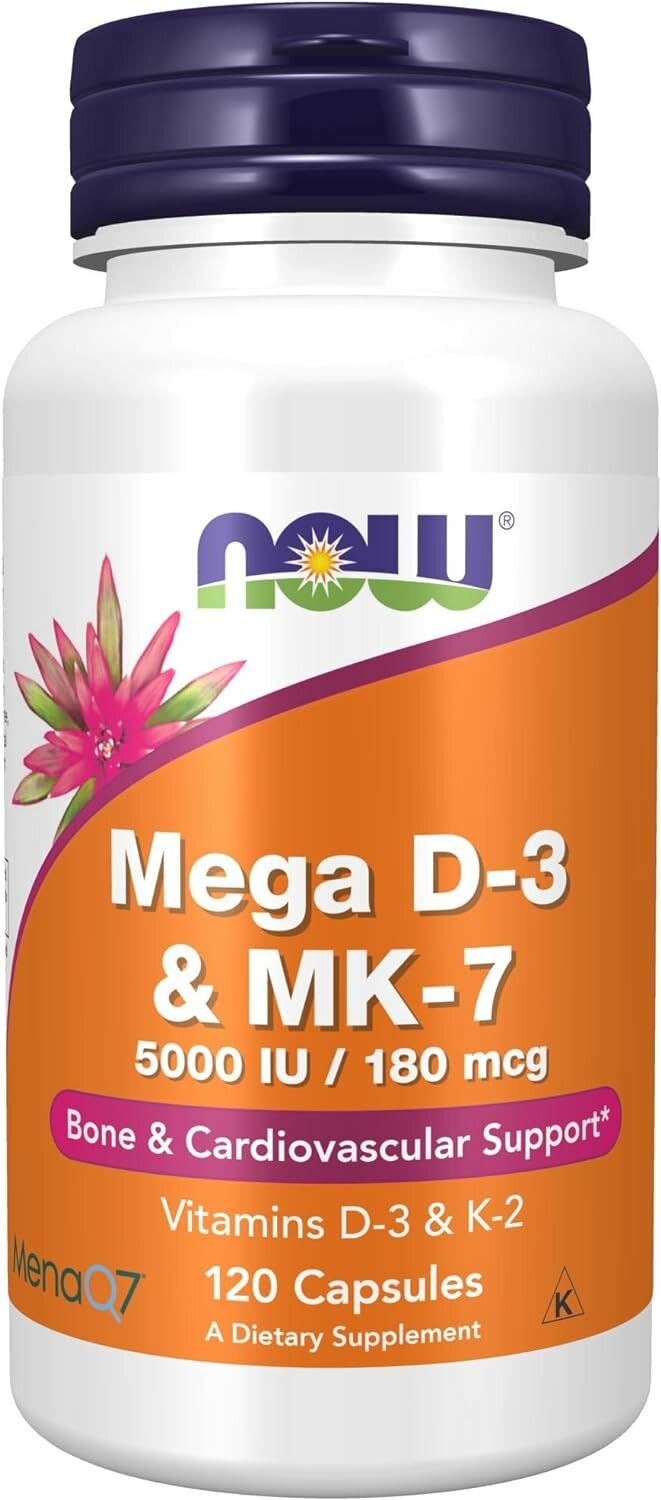 Биологически активная добавка к пище NOW Мега D-3 и MK-7 (NOW MEGA D-3 & MK-7). Мега D3 и MK-7, (Витамин д3+k2) 180 мкг (5000 МЕ), 60 капсул, Now Mega D-3&MK-7