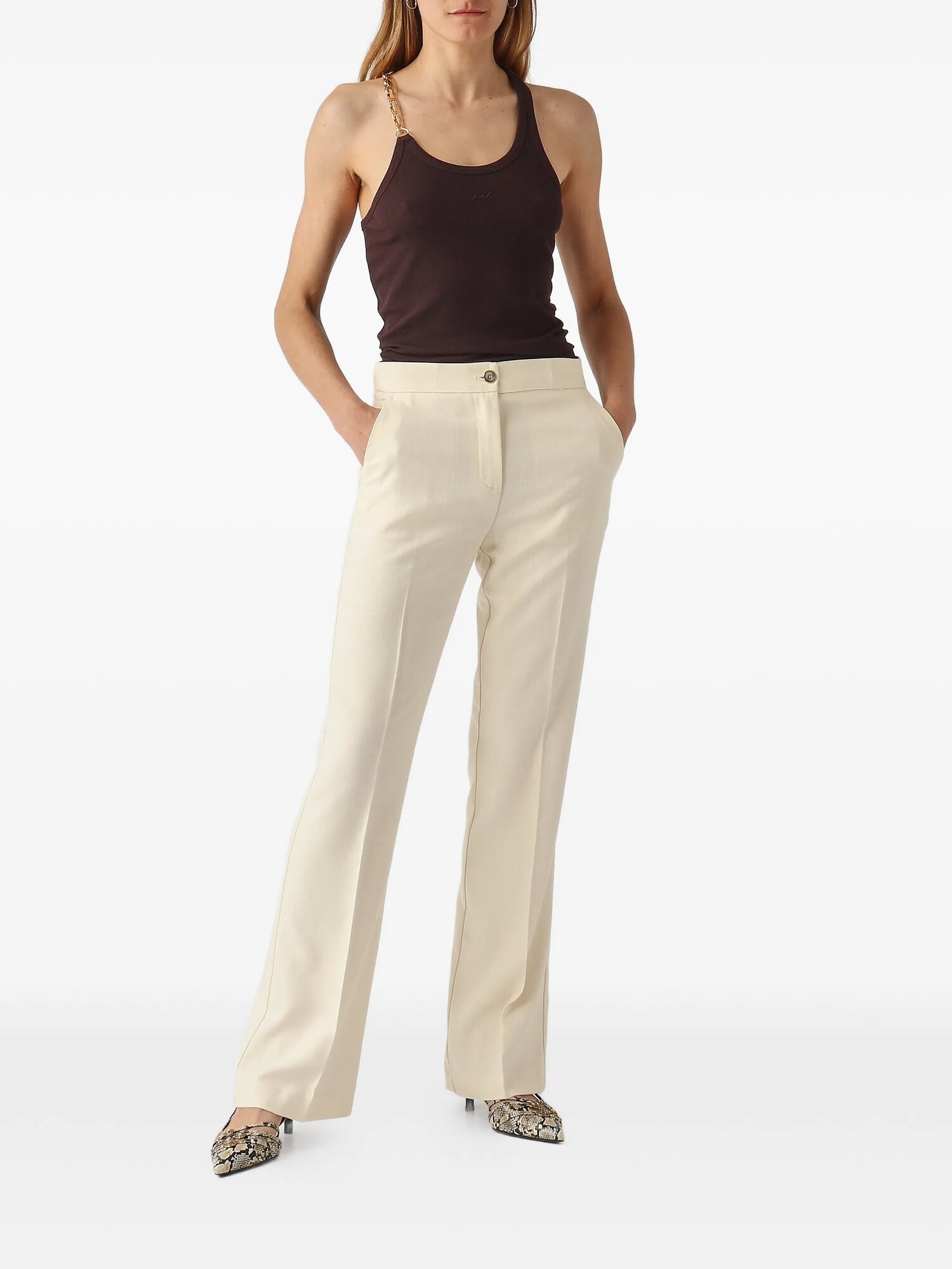 Топ Pinko Chain-link-strap ribbed-knit top, размер L, brown — фото 1