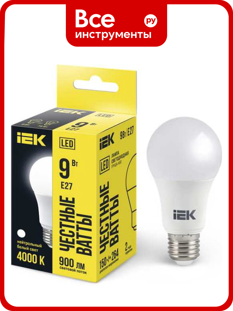 Лампа, IEK, IEK LED, A60, 9вт, 230В, 4000К, E27 LLE-A60-9-230-40-E27, использования в осветительных приборах, груша