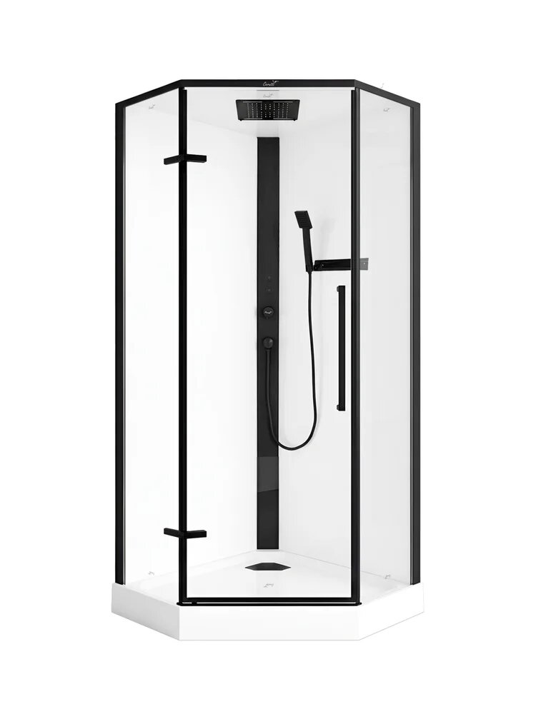Душевая кабина Ceruttispa Ами (Ami) P 12043 низкий поддон, стеклянная, 90x90, пятиугольная, с распашной дверью, закрытая (с крышей), без гидромассажа, с функцией тропический душ