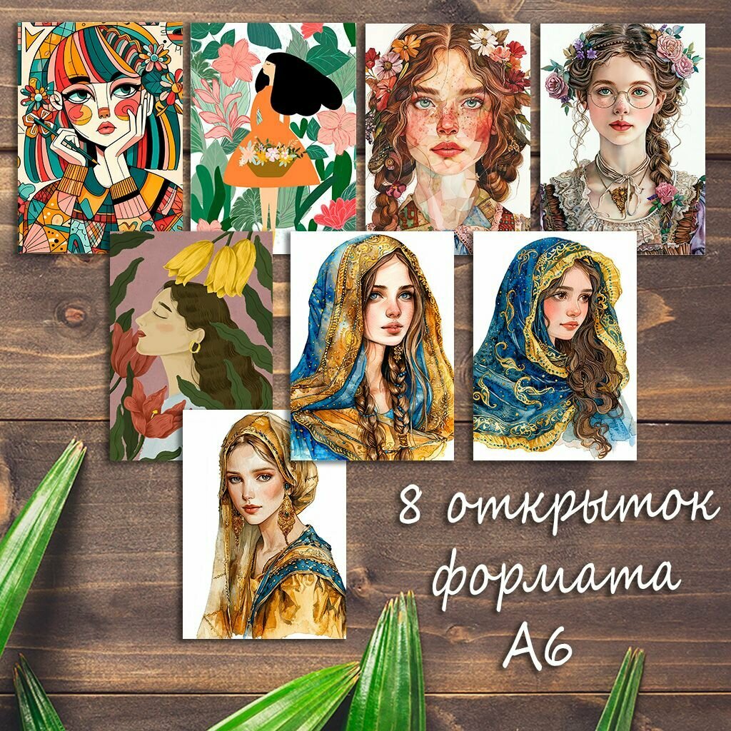 Большой набор открыток Девушки, 8 штук