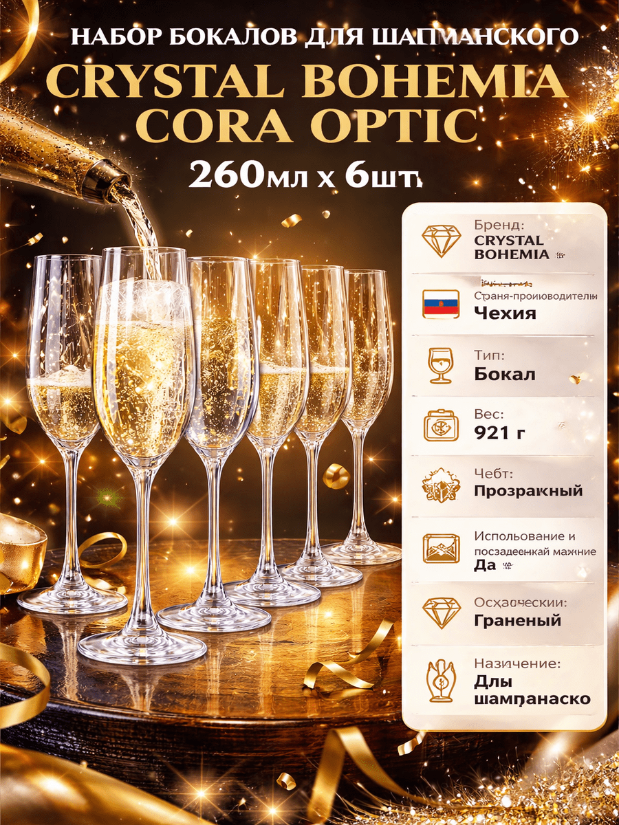 Набор бокалов для шампанского Crystal Bohemia Cora Optic, 260мл x 6шт