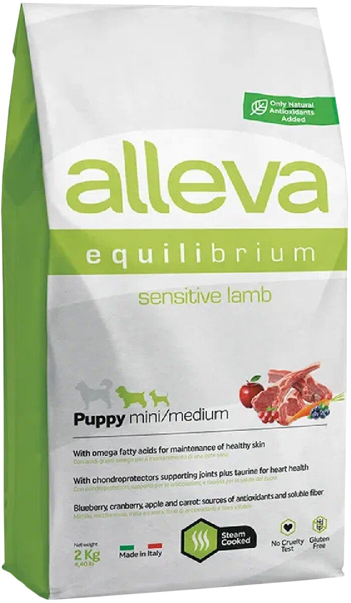 Корм сухой Alleva Equilibrium Puppy Mini/Medium Sensitive Lamb для щенков мелких и средних пород с чувствительным пищеварением, ягненок, 2 кг