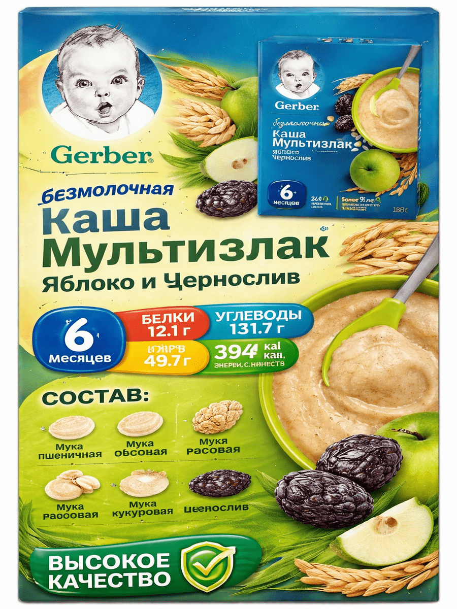 Каша безмолочная детская Gerber Мультизлаковая Яблоко и чернослив с 6 месяцев, 180г