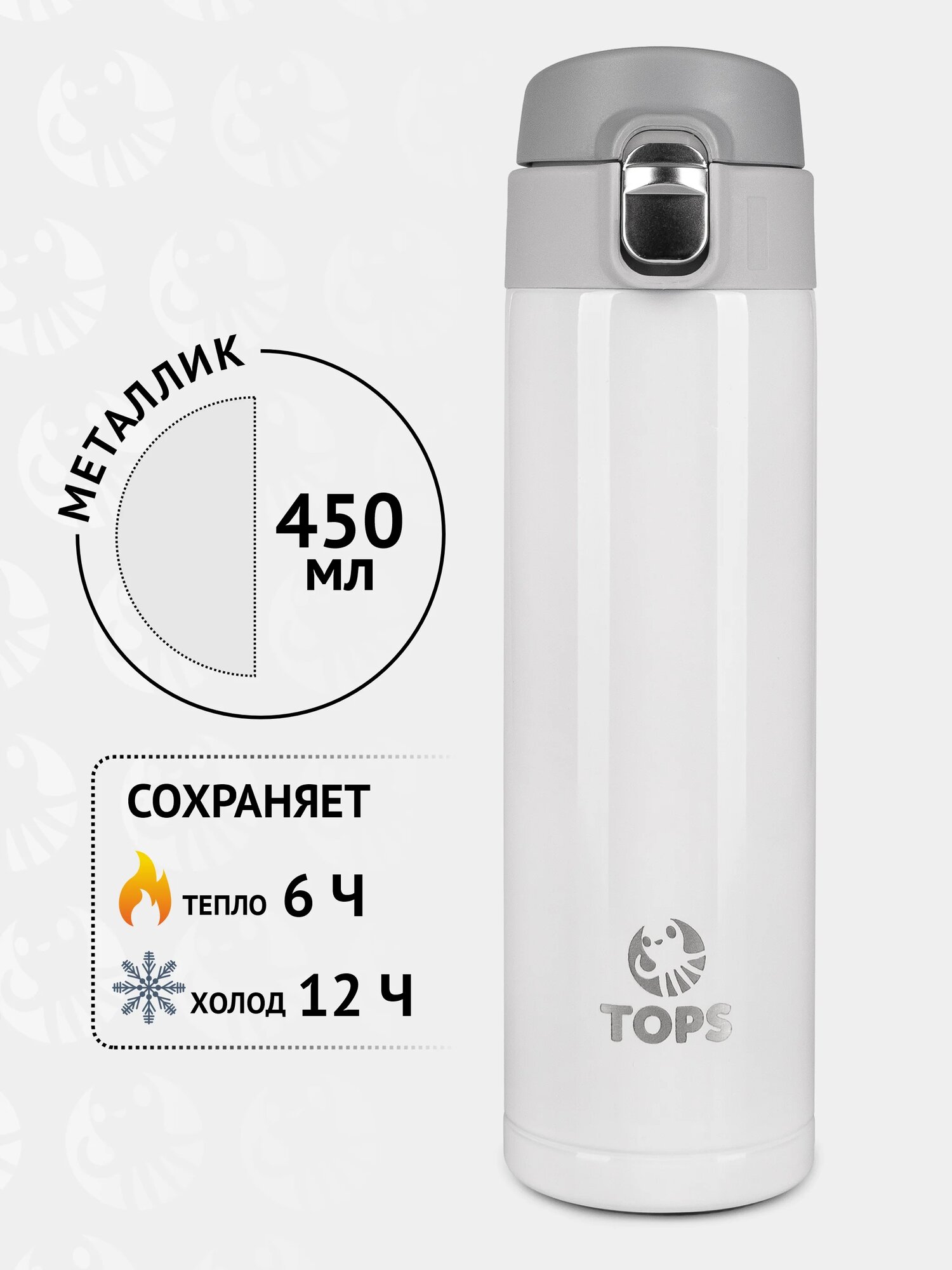 Термокружка "TOPS" для кофе и чая, сделана из нержавеющей стали, подходит для посудомойки, цвет белый металлик, 450 мл.