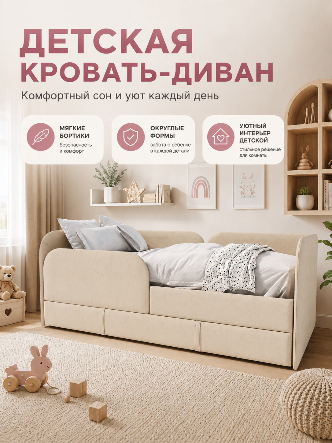 Кровать детская 160х80 см с матрасом и ящиками (скругленная)