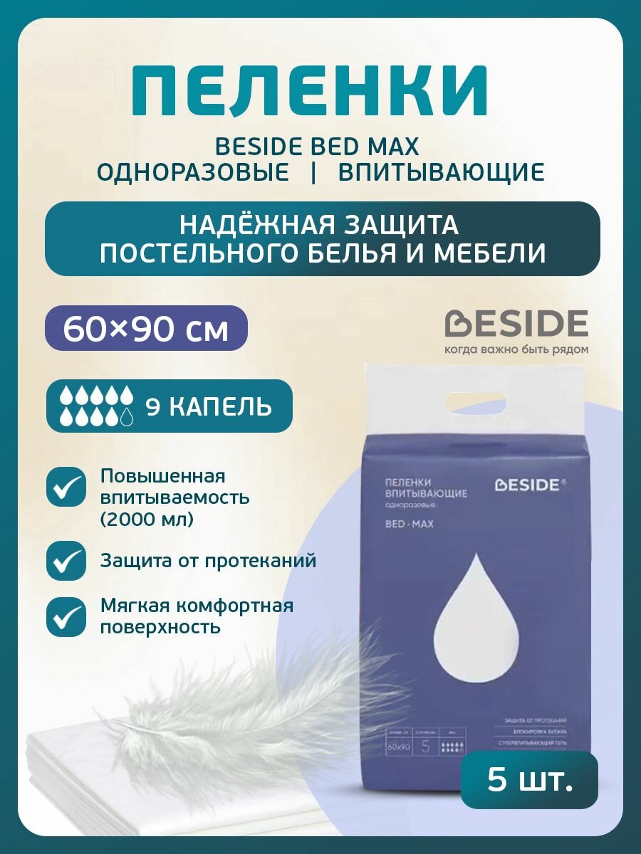 28706 Пеленки впитывающие одноразовые BESIDE BED MAX 60x90см 9 кап. №5