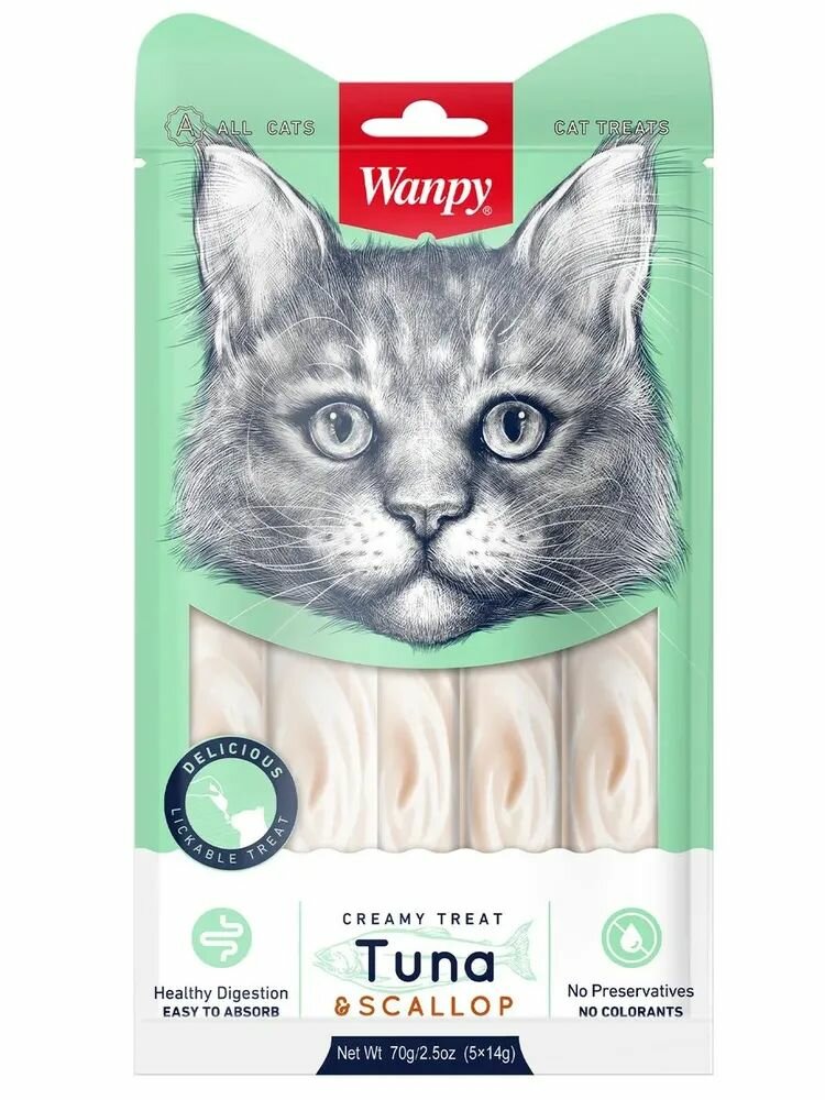 Wanpy Лакомство нежное пюре из тунца и гребешка, для кошек, 70 г