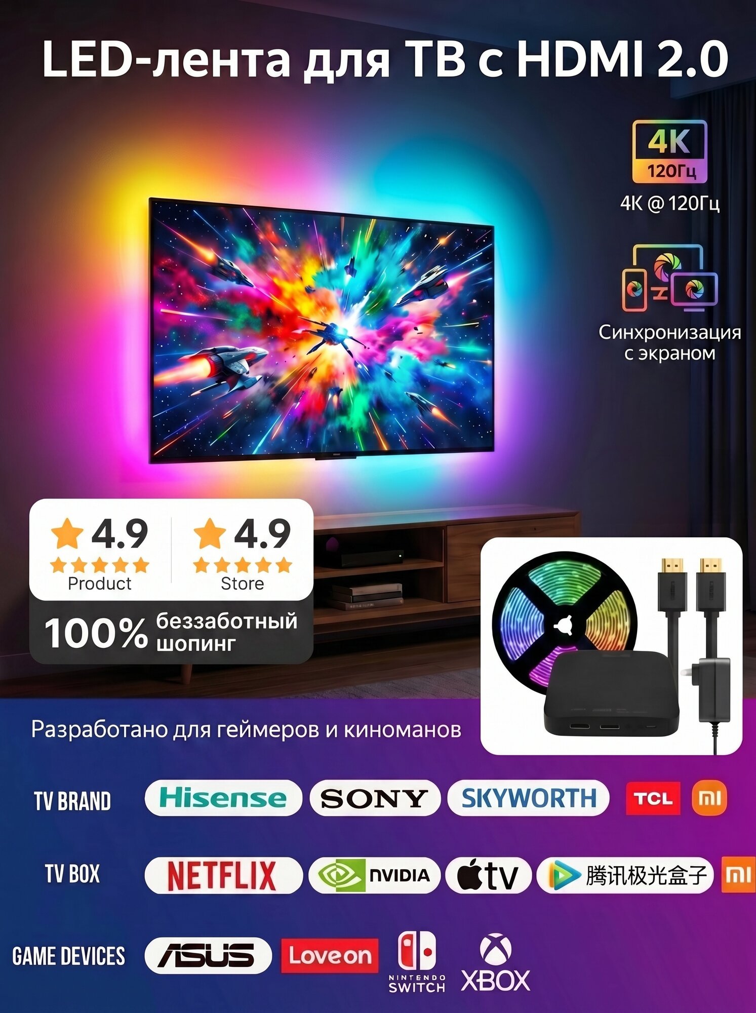 Светодиодная лента, для ТВ, с синхронизацией музыки, черная, HDMI2.0, 2.8м,40-50 дюймов, Пульт дистанционного управления