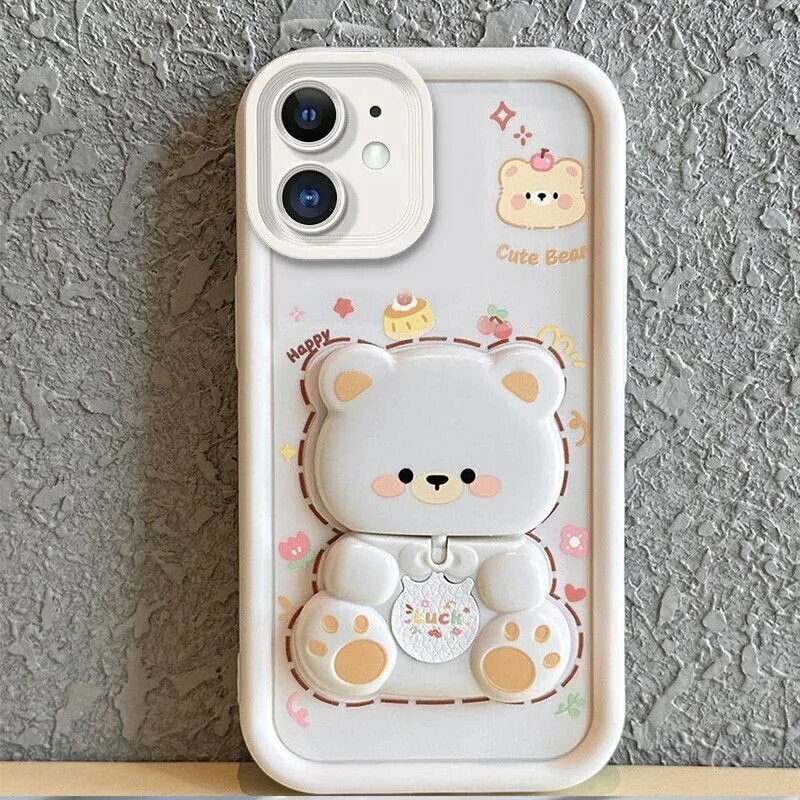 Чехол на IPhone 12 mini / Айфон 12 мини черный/белый, объемный с опорой Мультфильмы с кронштейнами милые JTXX03
