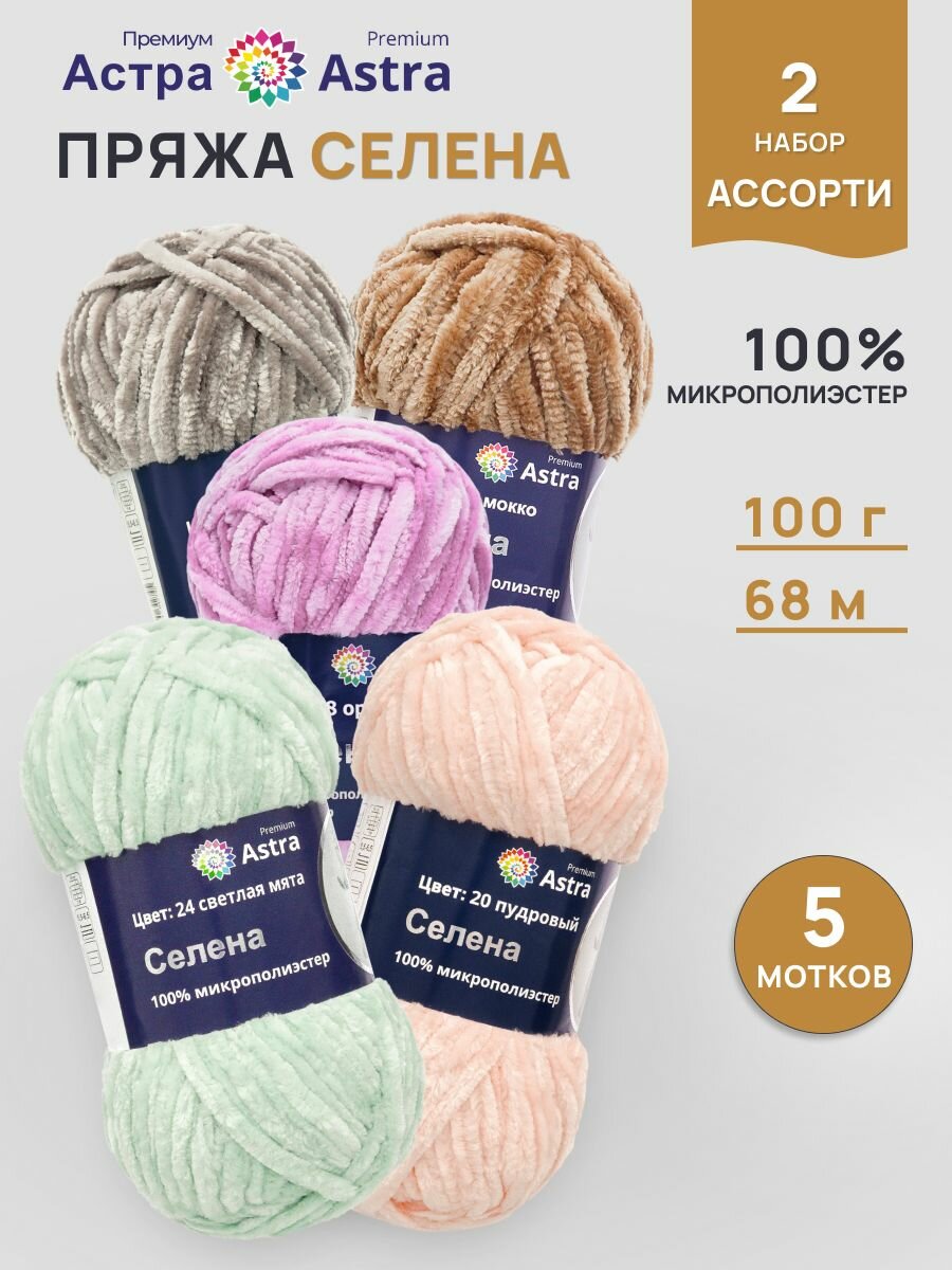 Пряжа для вязания 'Селена' ассорти №2, 5 цветов (100% микрополиэстер), 1упак