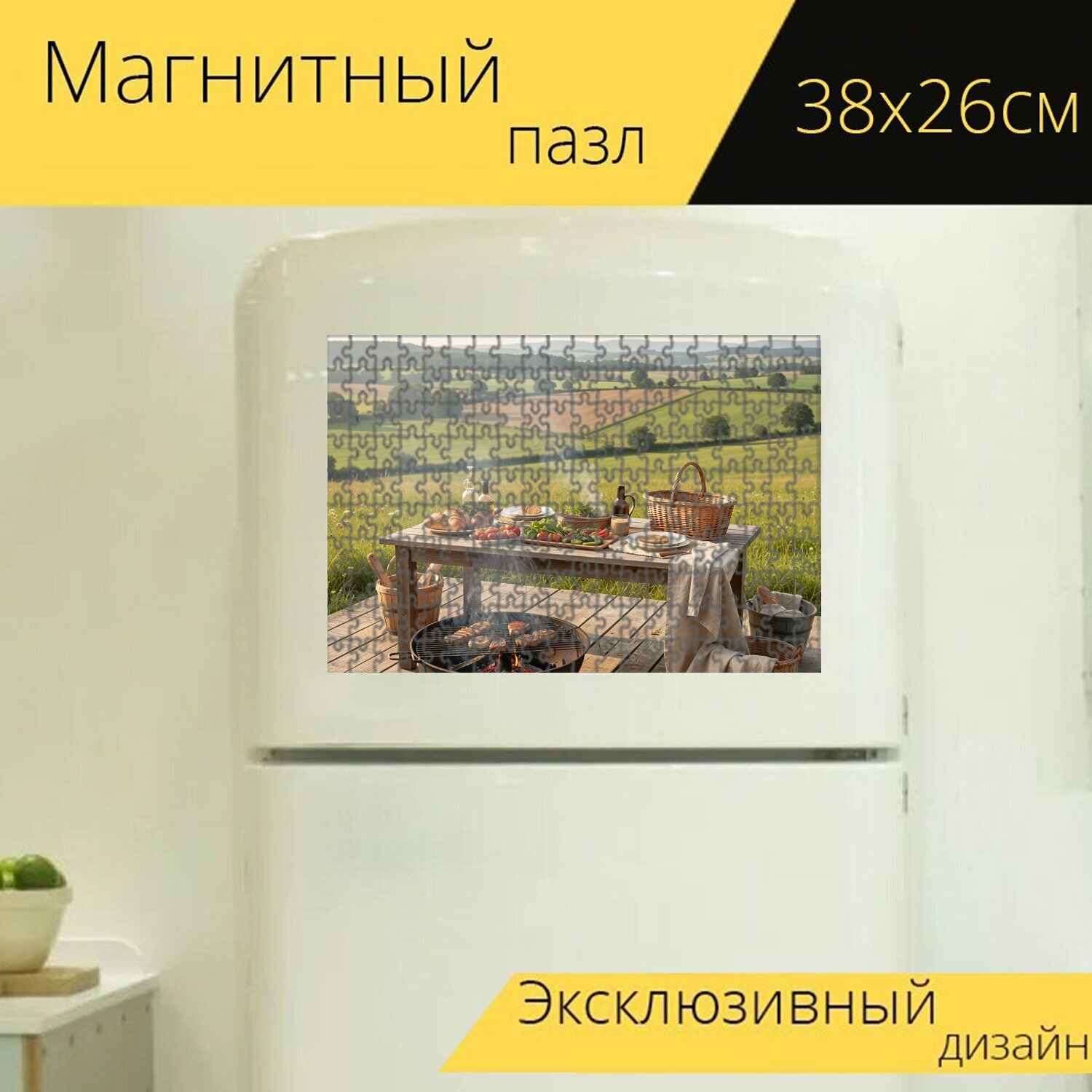 Магнитный пазл "Летняя трапеза на природе. Уютный загородный ужин на деревянной террасе: дымящийся мангал, мясо, свежие овощи, хлеб и корзины, на фоне." для интерьера, 38х26 см.