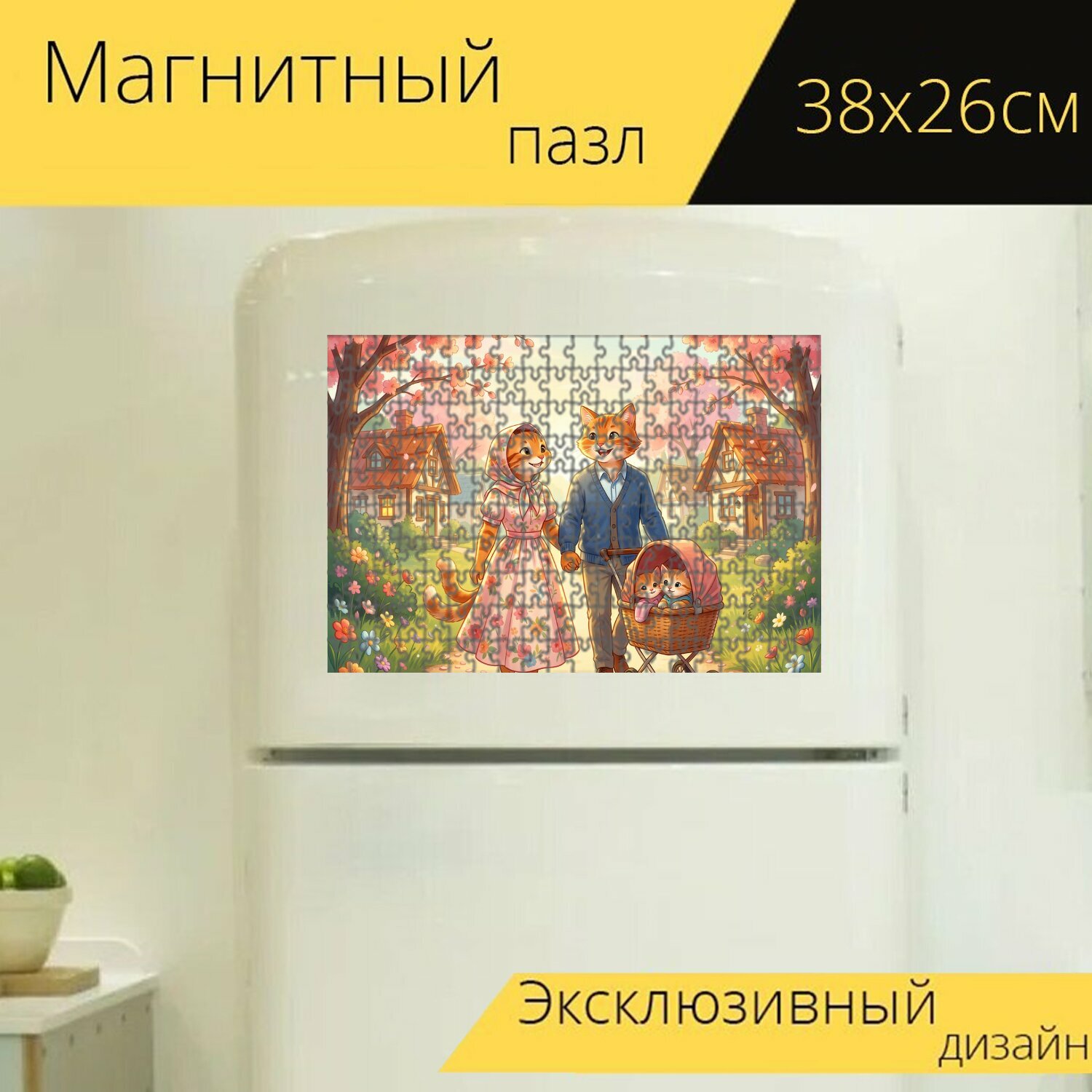 Магнитный пазл "Кошачья прогулка весной. Семейная пара котов идет по цветущей аллее мимо уютных домиков, рядом коляска с котятами. Нежные пастельные тона." для интерьера, 38х26 см.