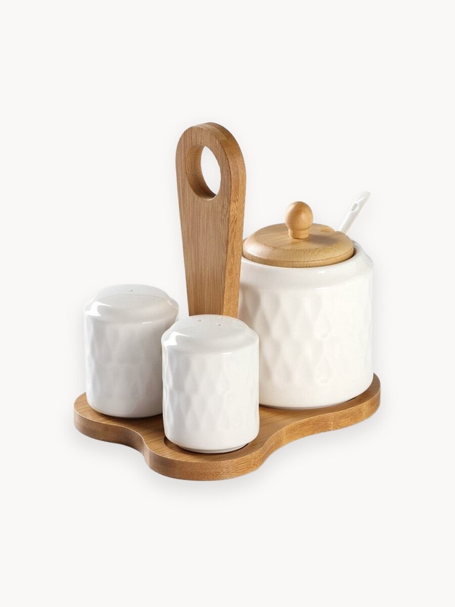 Набор для специй на деревянной подставке Доляна "Эстет. Герда", цвет белый, бамбук, керамика