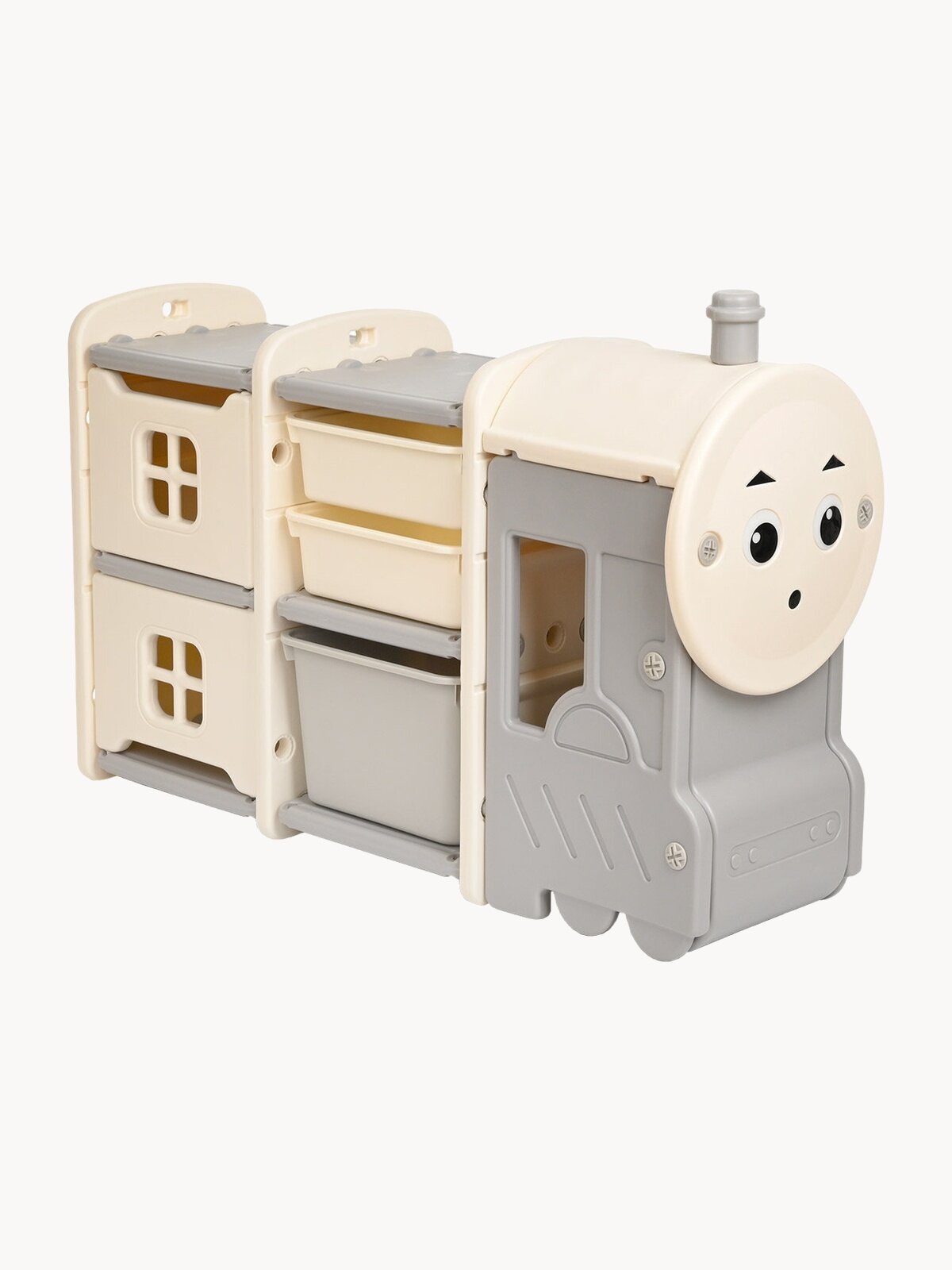 Стеллаж для игрушек Pituso Паровозик, 3 ящика, 5 полок, 97*30*68 см, серый/бежевый