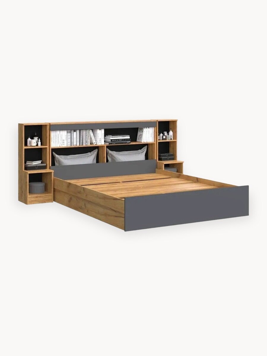 Двуспальная кровать Басямиф 1,6м с надстройкой с тумбами (Графит/Дуб крафт)