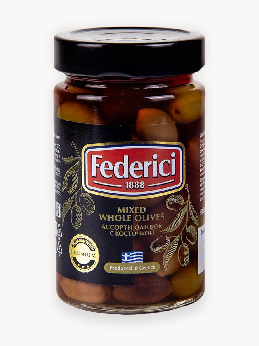 Оливки Federici Ассорти с косточкой, консервированные, 300 г