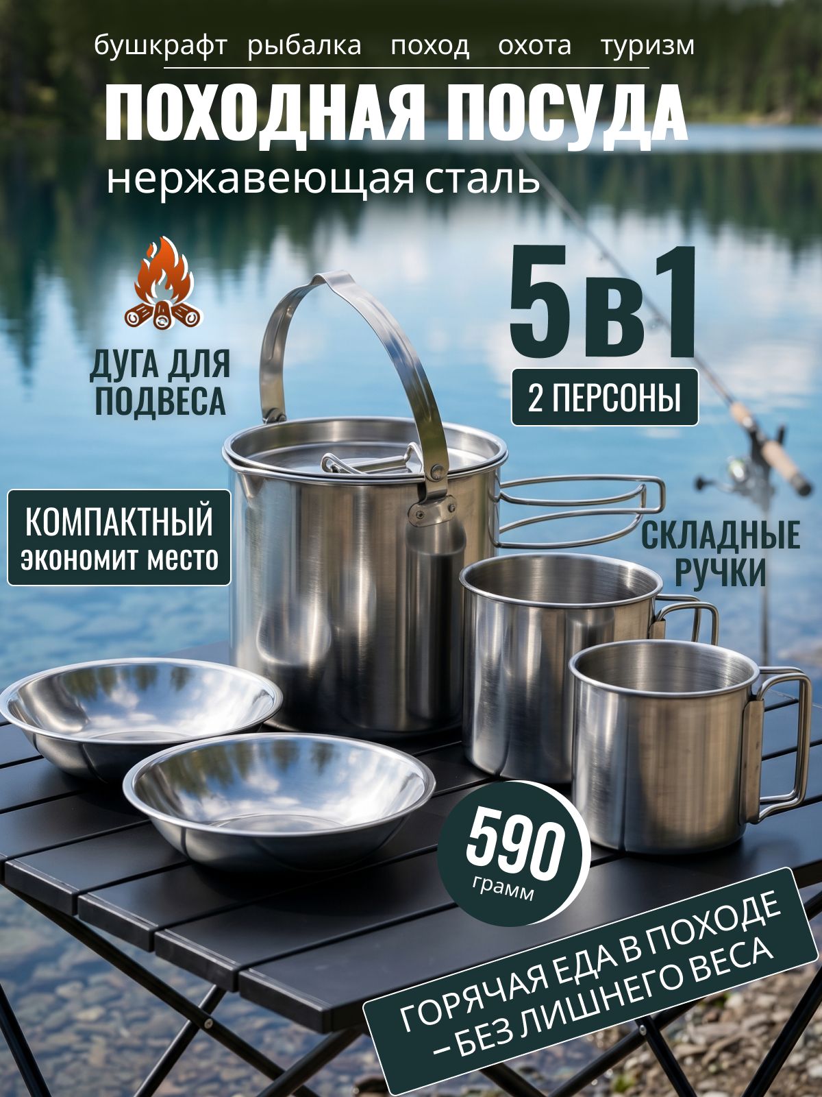 Набор посуды туристический походный 5 в 1