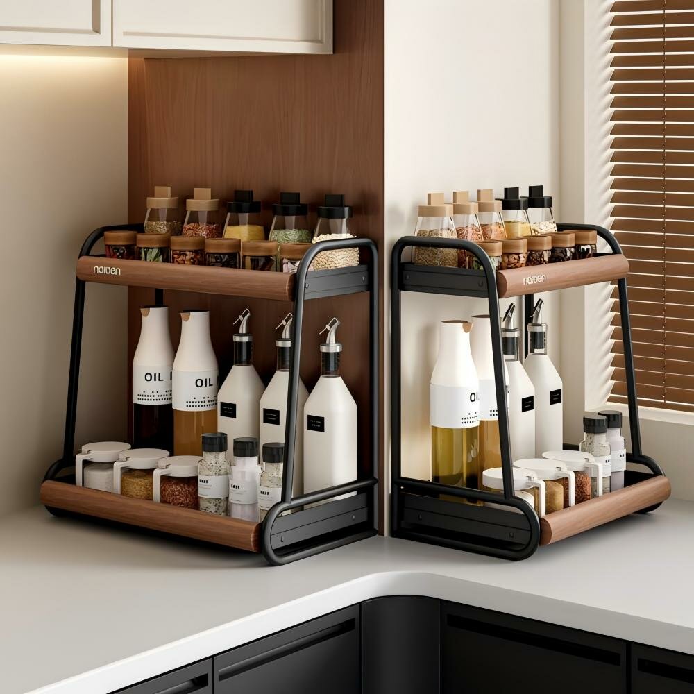 Двухъярусная подставка для банок с пряностями, сделана из металла + дерева, черная,30x24x43cm