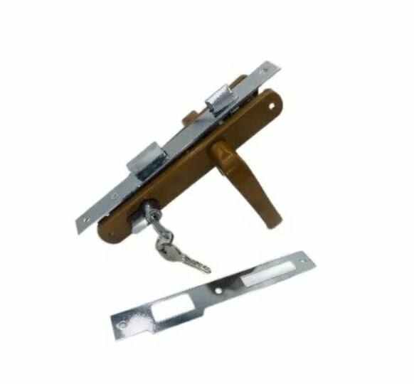 Комплект врезного узкопрофильного замка с ручкой и личиной для уличной калитки (3 ключа) Коричневый