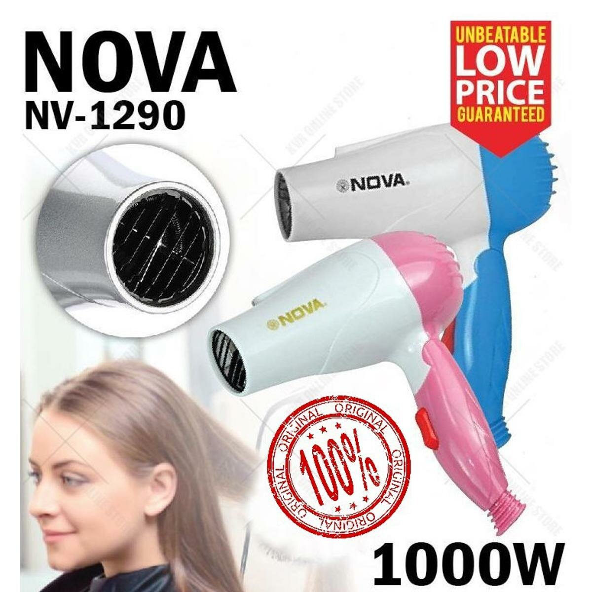 Фен Nova | Профессиональный фен для волос для женщин | Девушки, женщины | Складной фен для укладки волос с 2 скоростями NV 1290 мощностью 1000 Вт