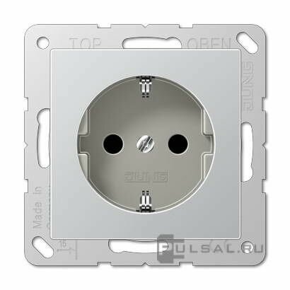 Розетка Jung с заземляющим контактом одинарная встроенный монтаж без шторок пластмасса алюминий