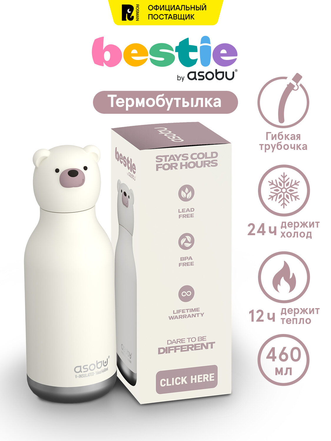 Бутылка для воды Asobu Bestie, с трубочкой, термостойкая, Полярный медведь, 460 мл