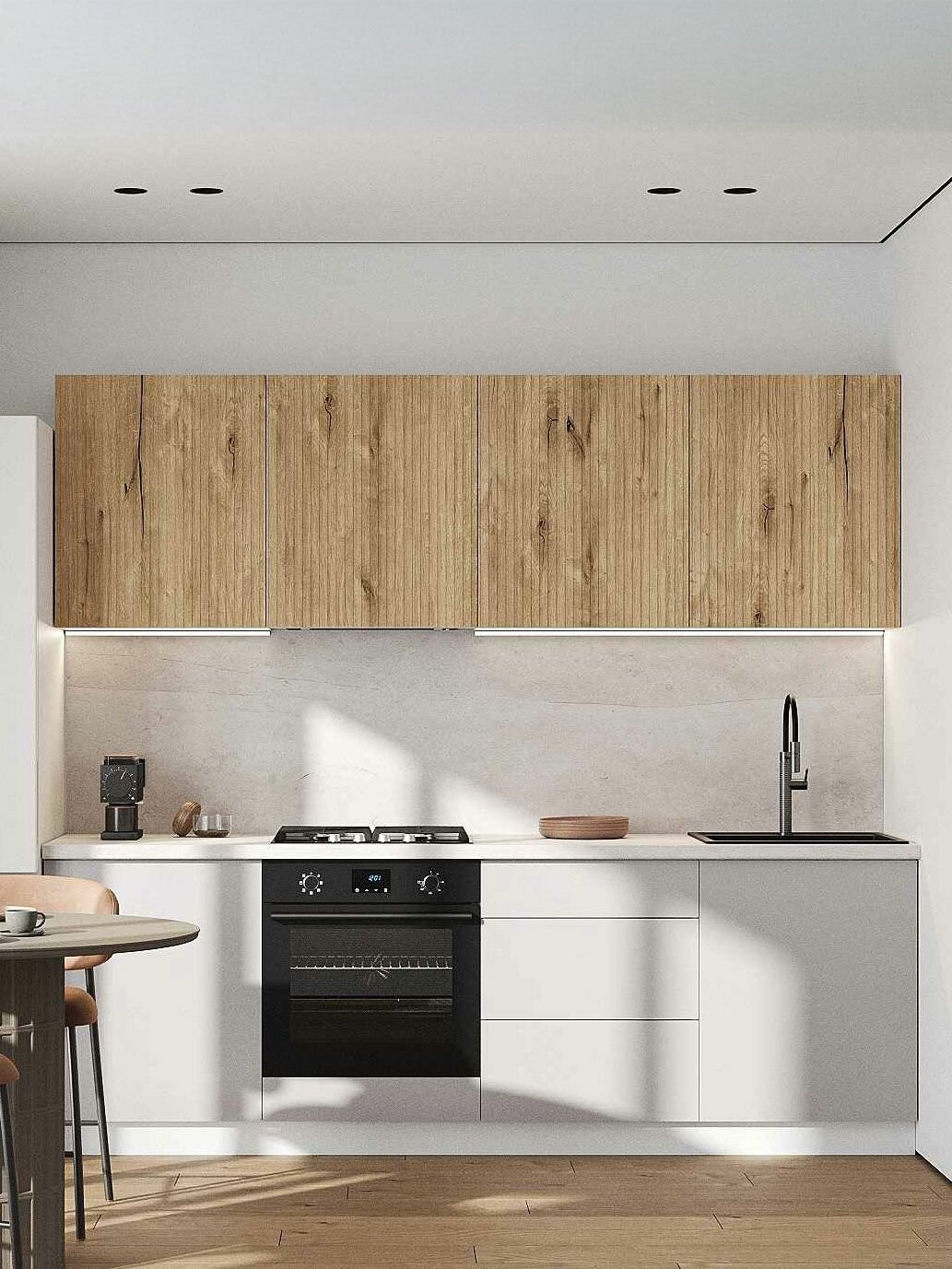 Кухонный гарнитур Комби 2.4 м, мебель для дома и кухни, Белый / Дуб Торонто / Нео