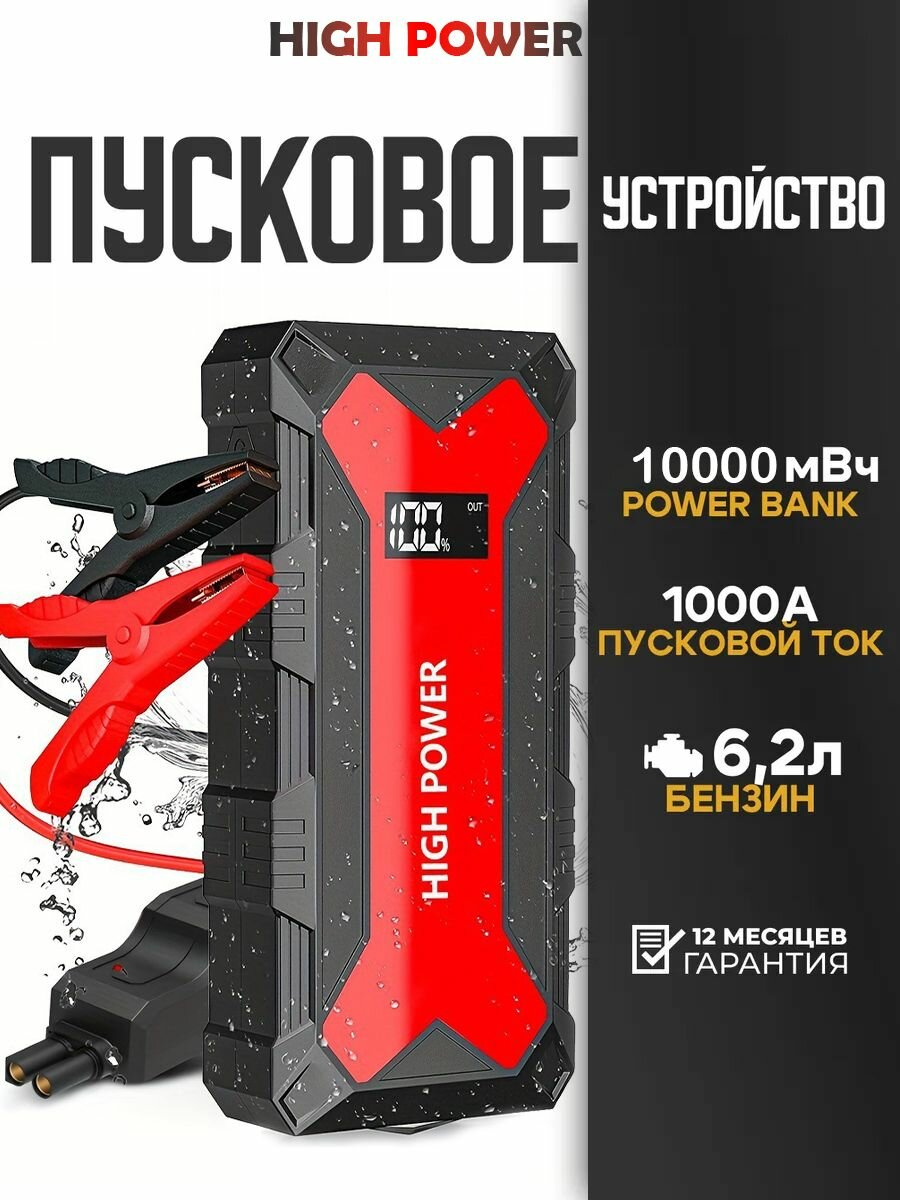 Пусковое зарядное устройство для автомобиля портативное / бустер автомобильный пусковой 10000 мач 1000A