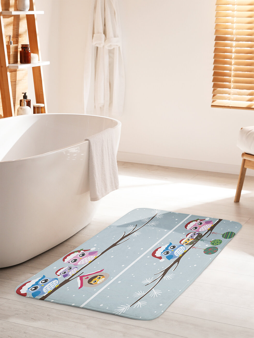Коврик для ванной комнаты и туалета противоскользящий "Новогодние совы" 60х100 см, JoyArty, серия Новый год