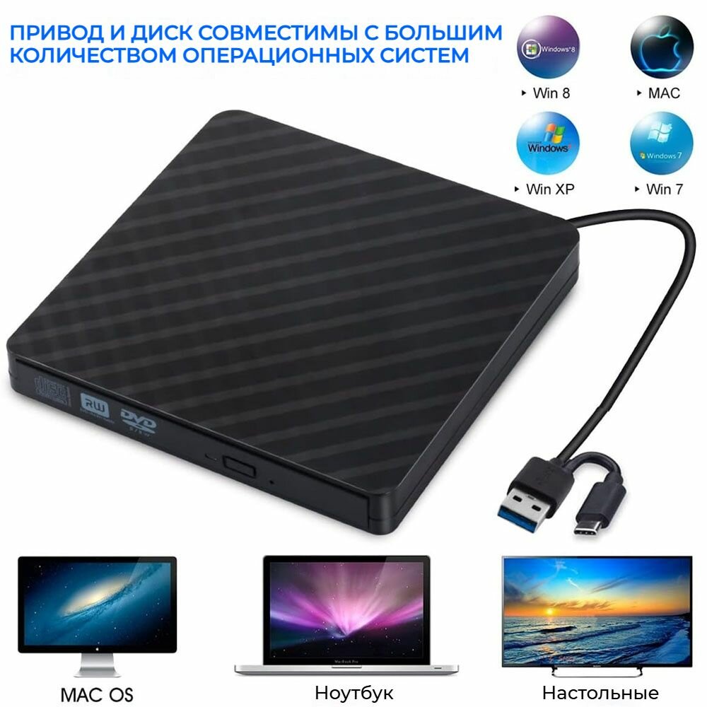 Внешний дисковод для ноутбука оптический привод компьютера USB 3.0 CD DVD
