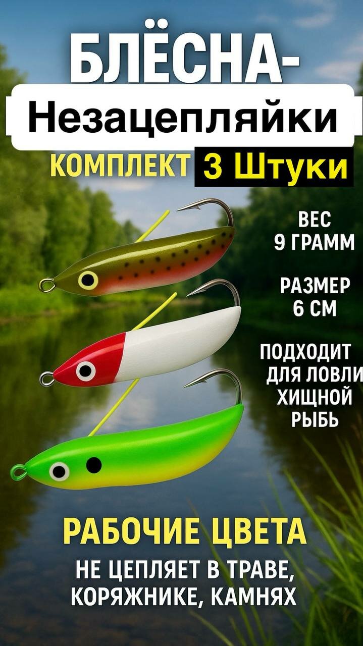 Блесна незацепляйка на щуку набор 3 шт; Незацепляйки на окуня 9 грамм