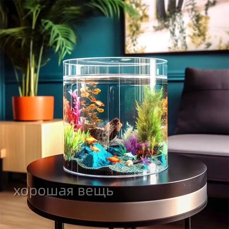 Панорамный стеклянный аквариум цилиндр большого диаметра. Прозрачный прямой аквариум для рыбок и растений, несколько размеров на выбор.20*40CM