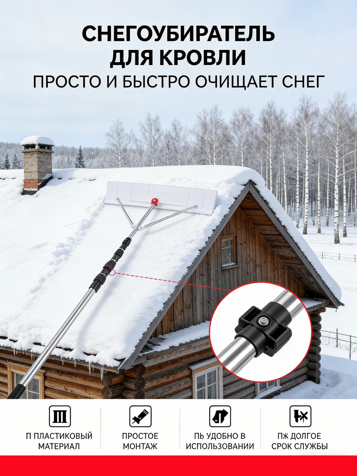 Скребок для уборки снега на крыше/металлический шест/выдвижной//Легкий и прочный скребок для уборки снега