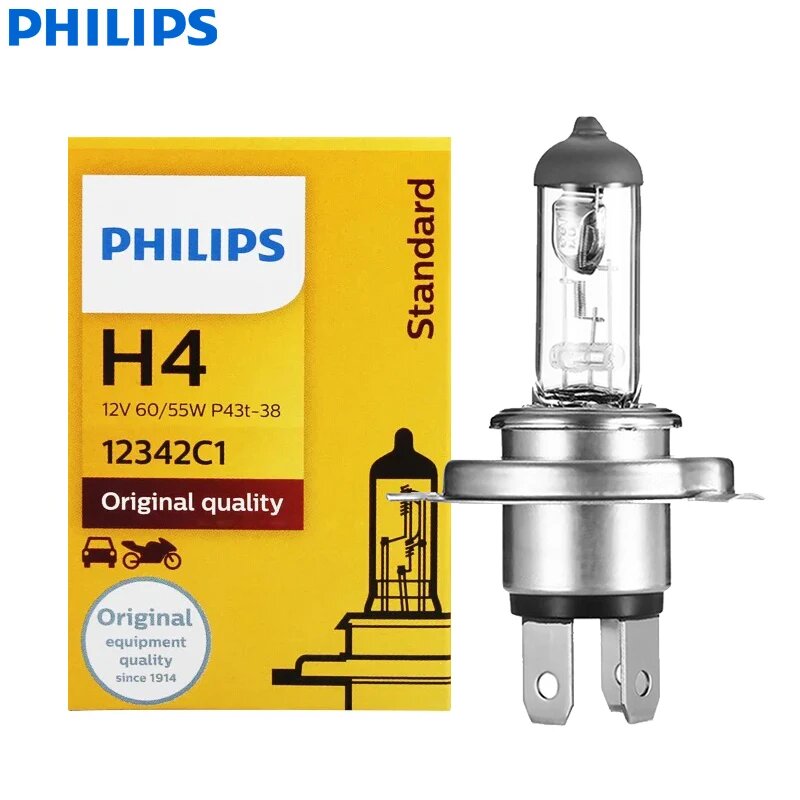Лампа Галогенная Philips Vision H4 9003 HB2 Для Автомобильных Фар, Оригинальная, ECE, 12В, 60/55Вт, P43t, 12342C1, 1 Шт.