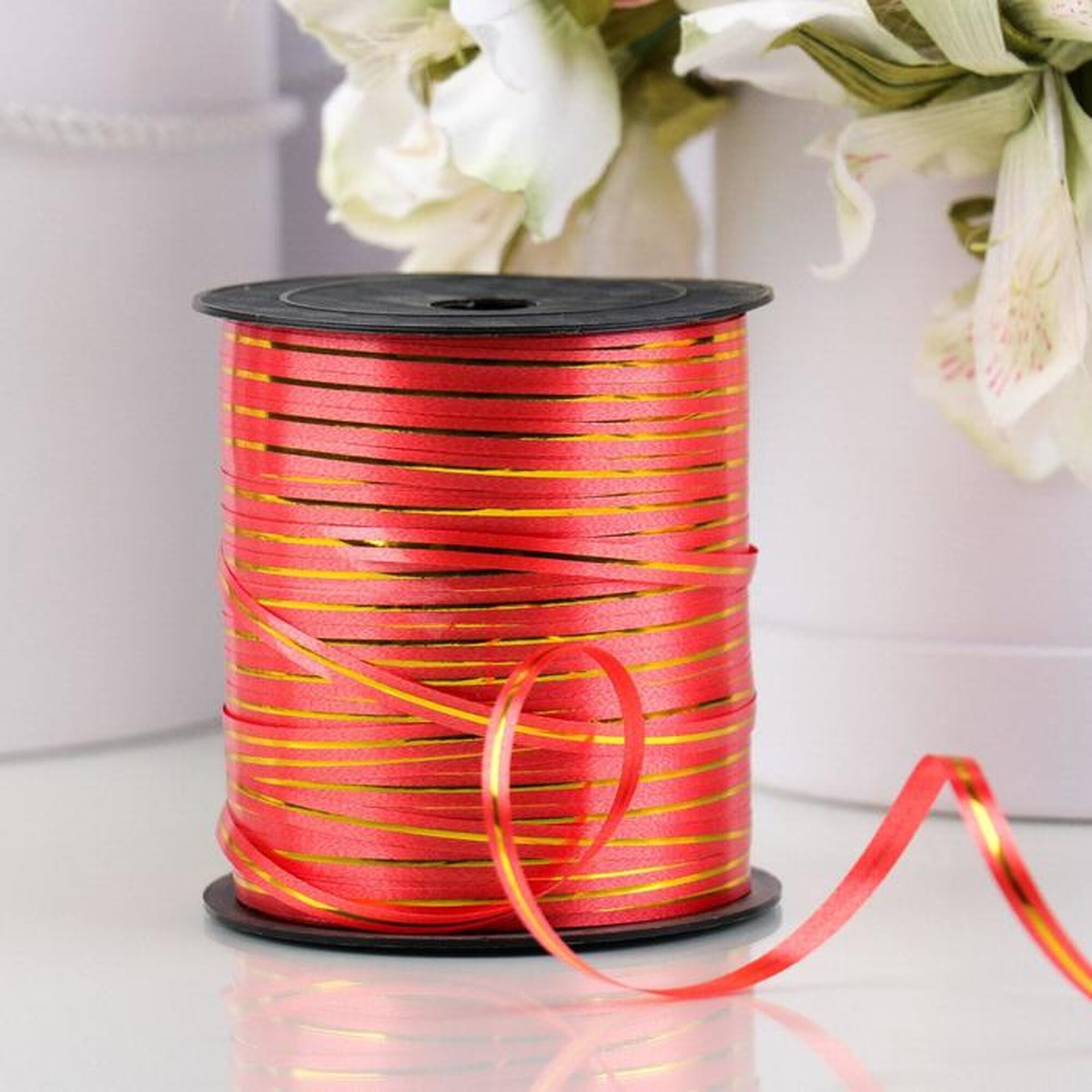 Лента упаковочная, цвет красный с золотой полосой, 5 мм х 225 м