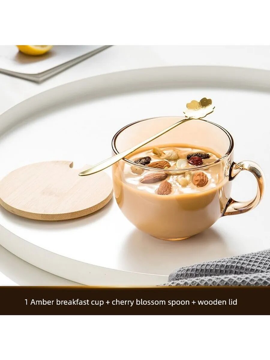 Янтарная кружка-деревянная крышка, ложка сакуры-450мл