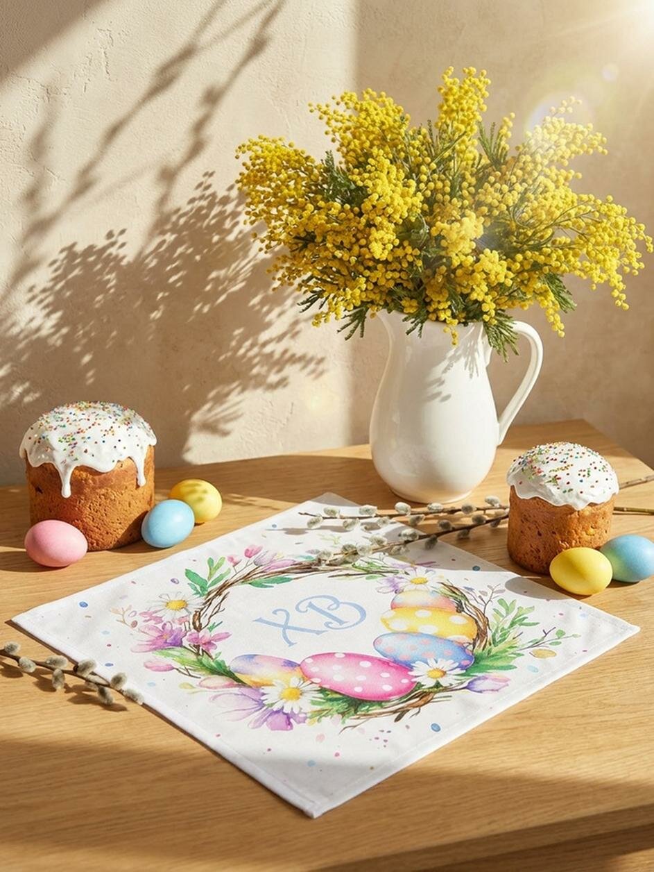 Салфетка Доляна "Пасхальный Венок", 65x65см, квадратная, белая/разноцветная