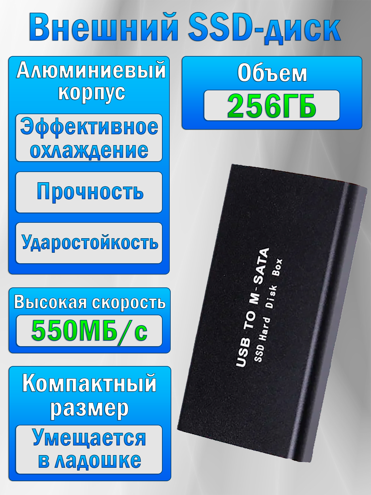 Внешний SSD-диск, емкость 256GB, прочный алюминиевый корпус, компактный размер, черный цвет