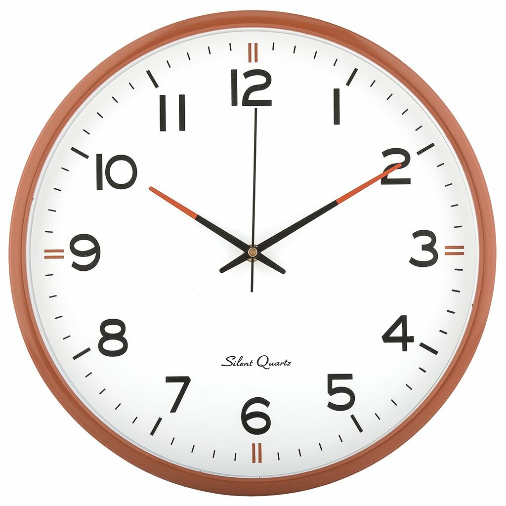 Часы настенные КНР "Авангард" д 37,5 см, h 5,5 см, мягкий ход, циферблат белый; цифры арабские, черный; корпус пластик, коричневый "под дерево" (8538MS-4)