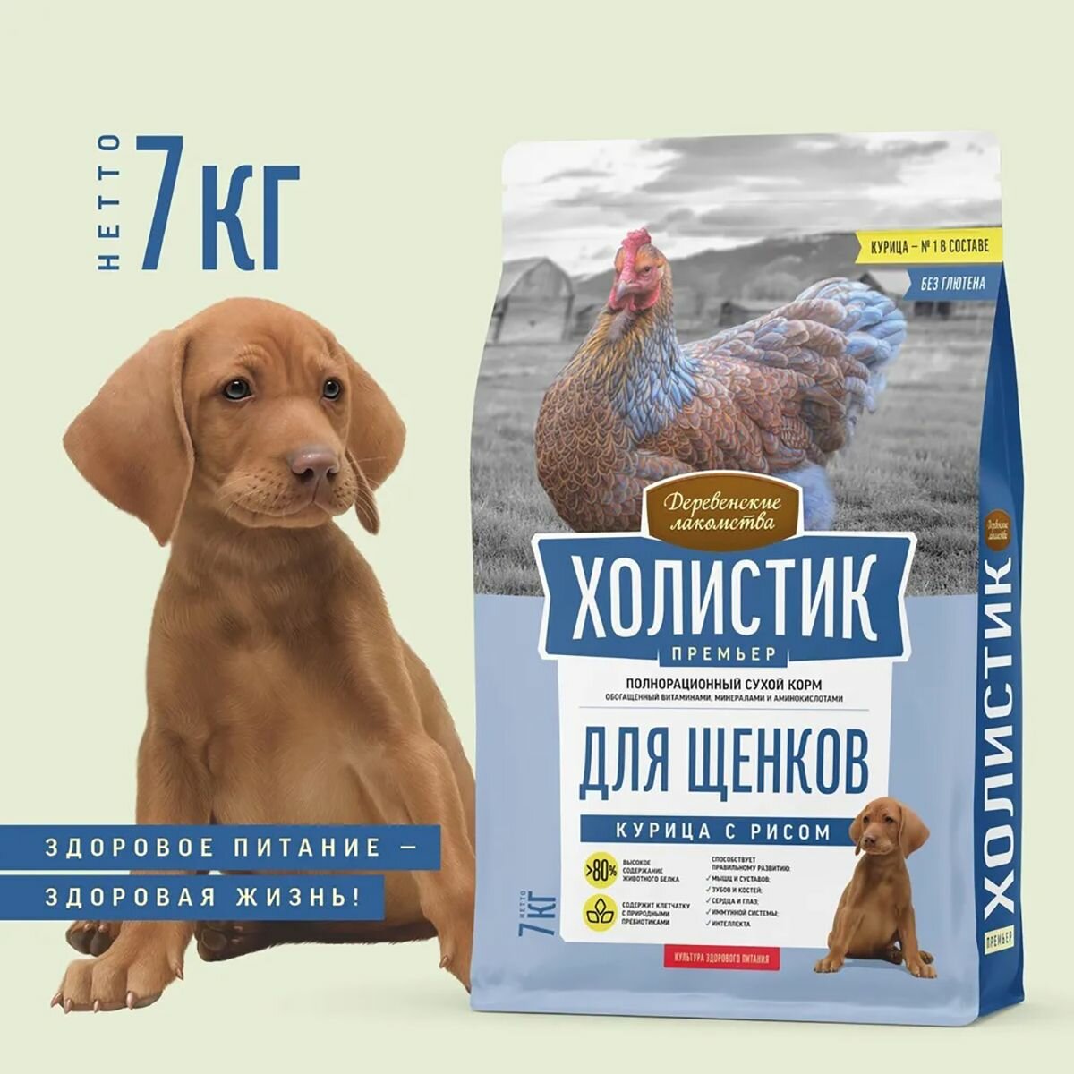 Деревенские Лакомства Холистик Премьер для щенков с Курицей и рисом 7кг