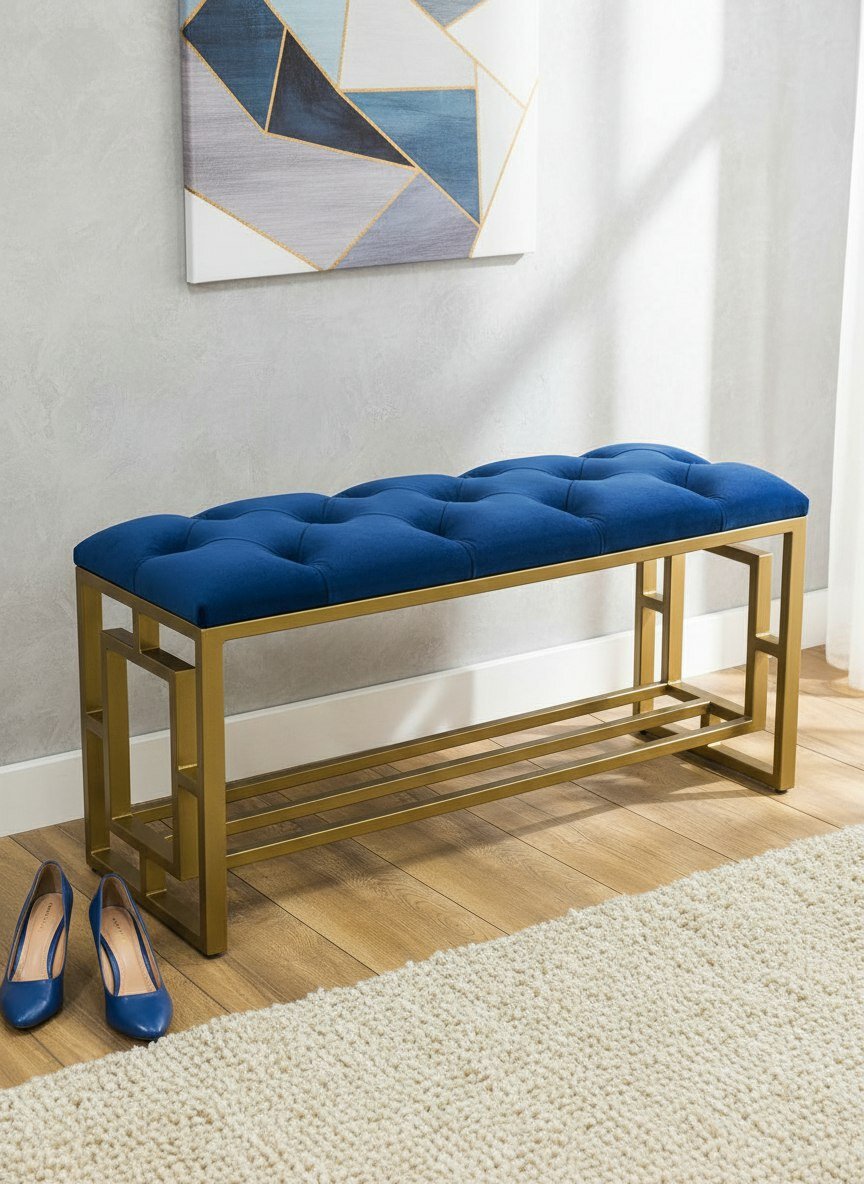 Прочная банкетка металлическая с сидушкой мягкой, полка для обуви, велюр, синяя с золотом, 97х36х47