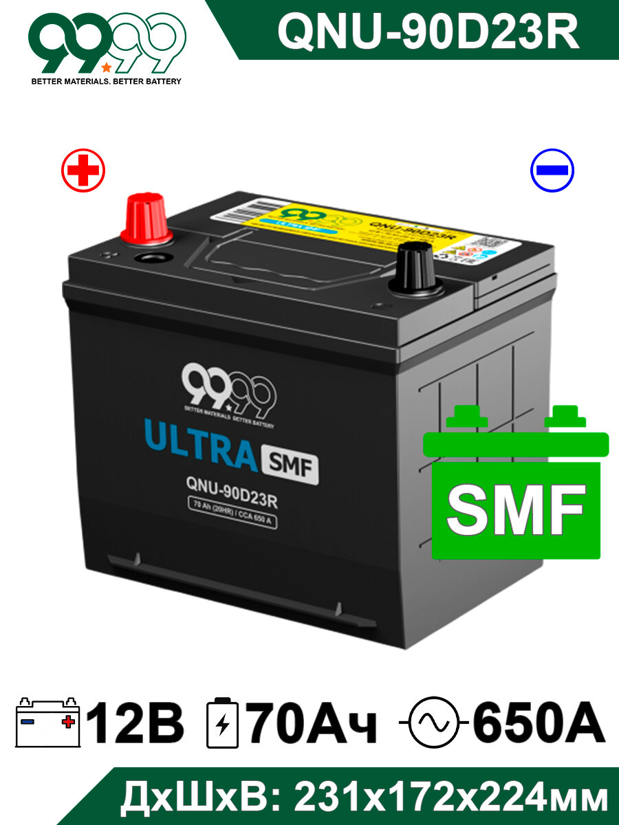 Аккумулятор стартерный 9999 QNU-90D23R 12V 70Ah (12В 70Ач) 650А D23R прямая полярность 231x172x224