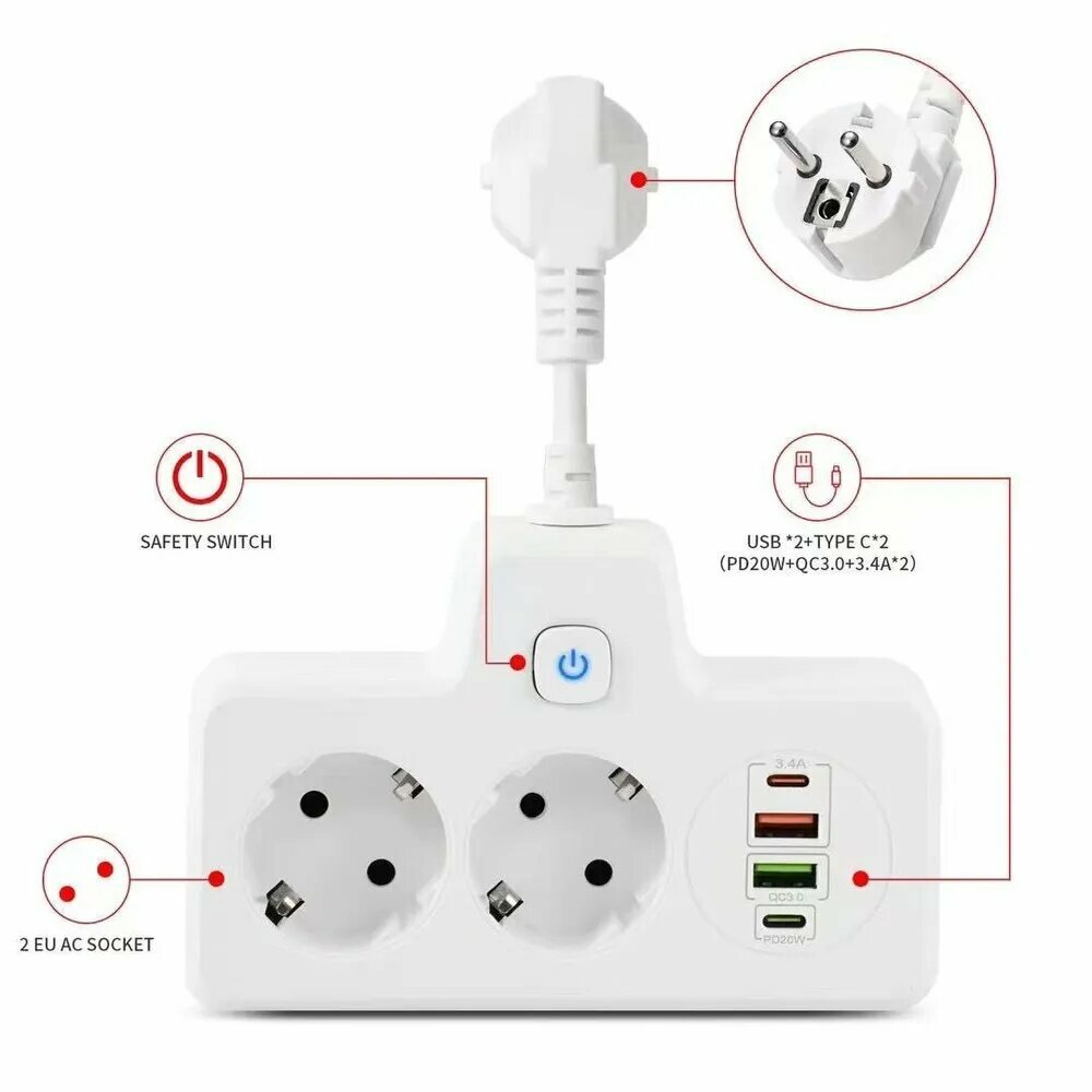 Сетевой фильтр, Умный й разветвитель с USB/Type-C и ночной подсветкой