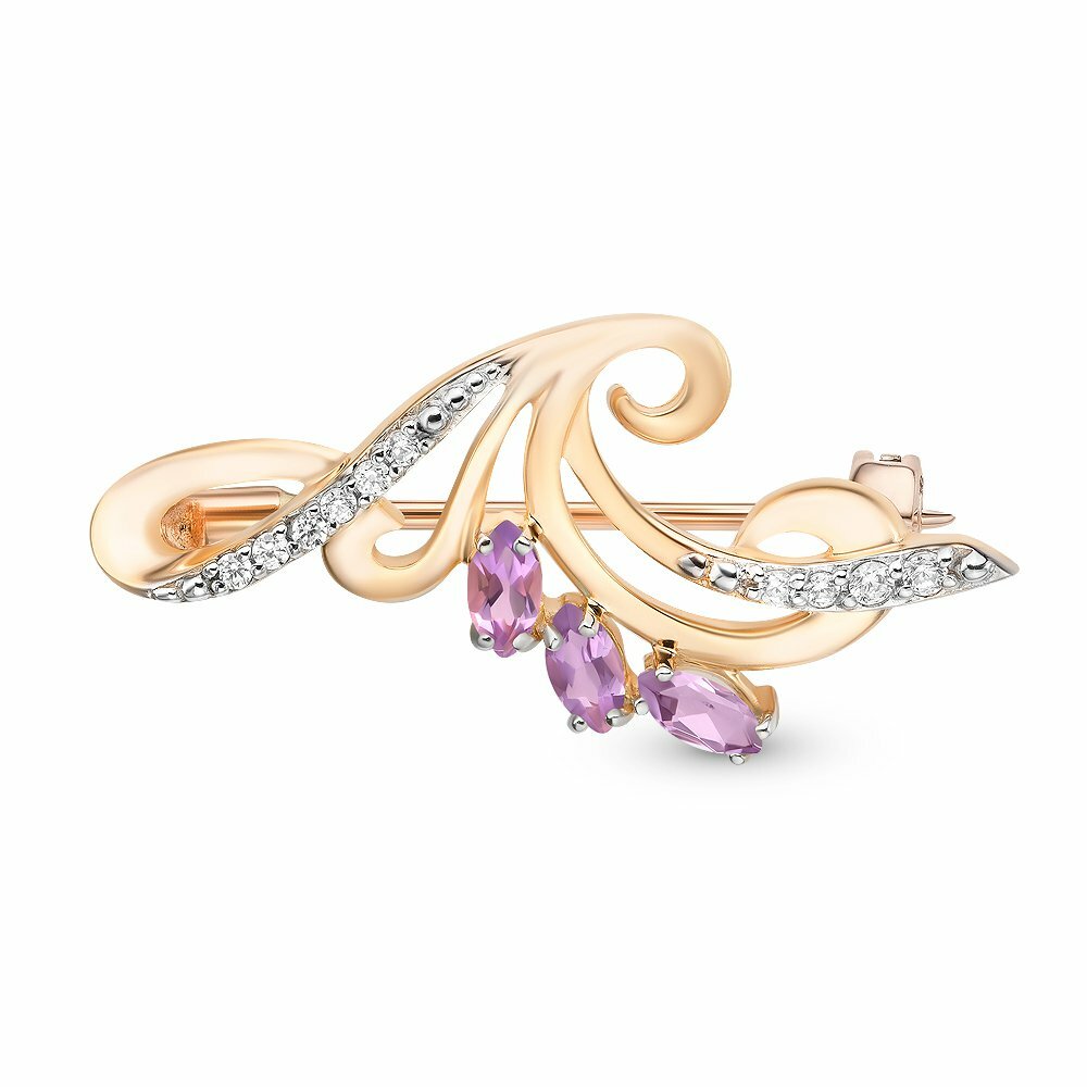 Брошь, красное золото, 585 проба, родирование, аметист, фианит